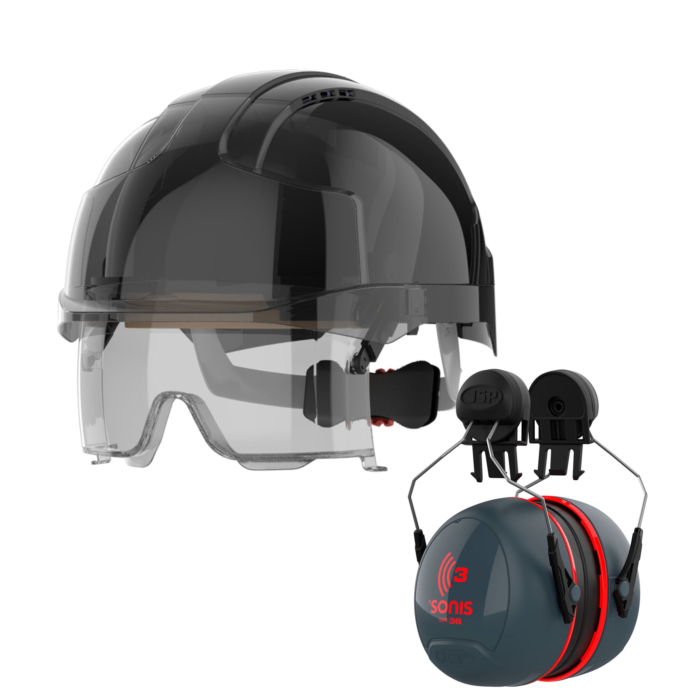 JSP EVO VISTAlens With JSP Sonis Ear Defenders Hard Hat Kit | Black ...