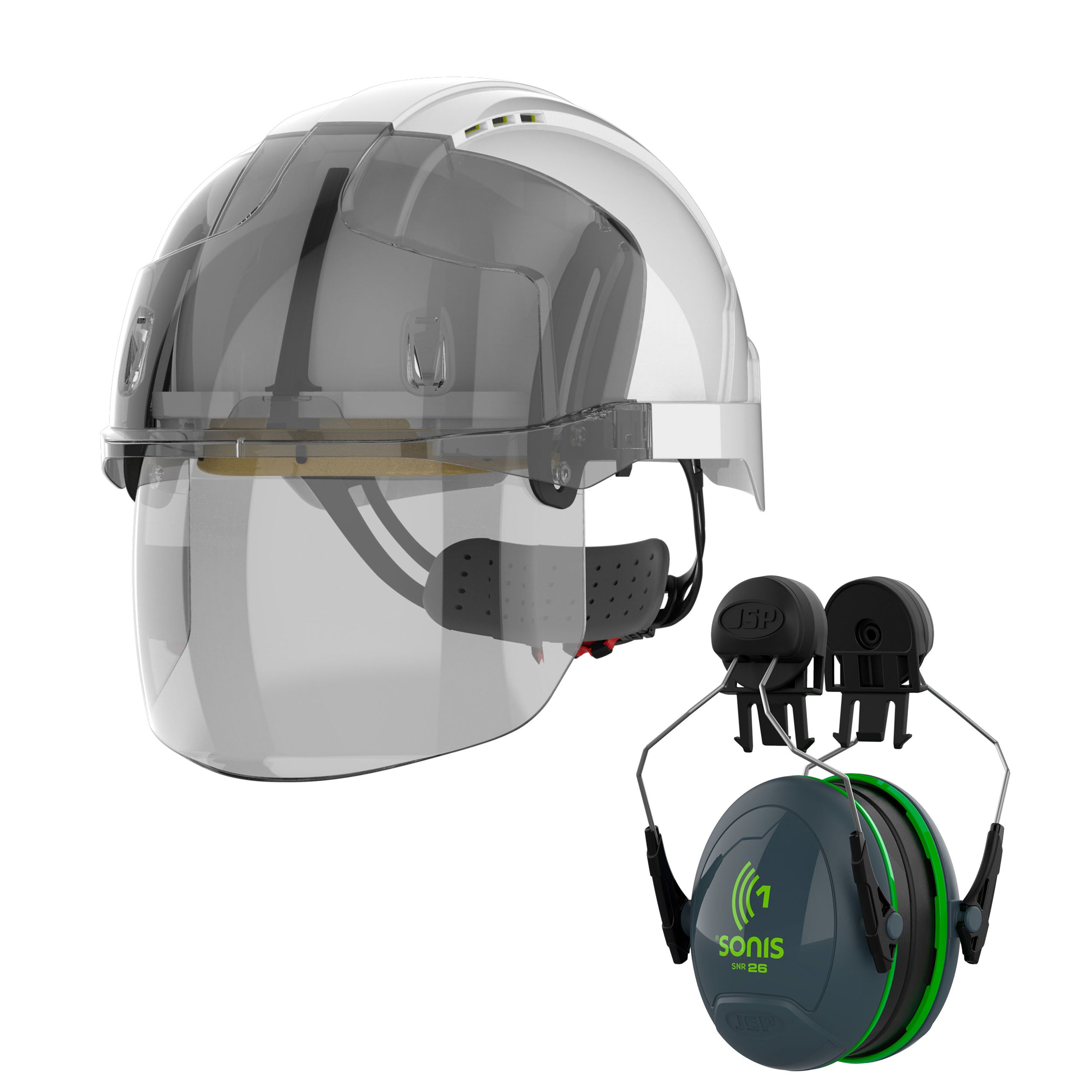 JSP EVO VISTAshield With JSP Sonis Ear Defenders Hard Hat Kit | White ...