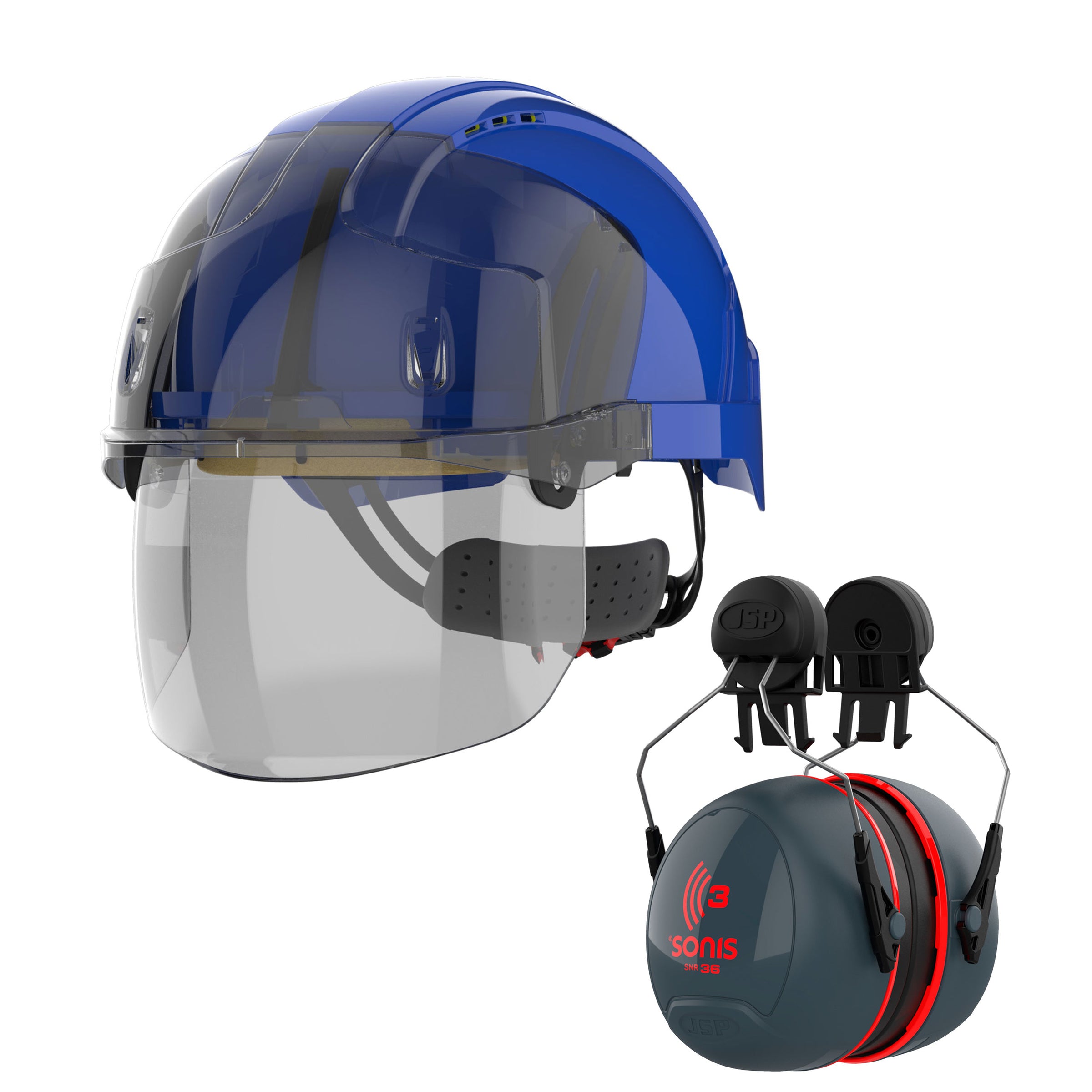 JSP EVO VISTAshield With JSP Sonis Ear Defenders Hard Hat Kit | Blue ...