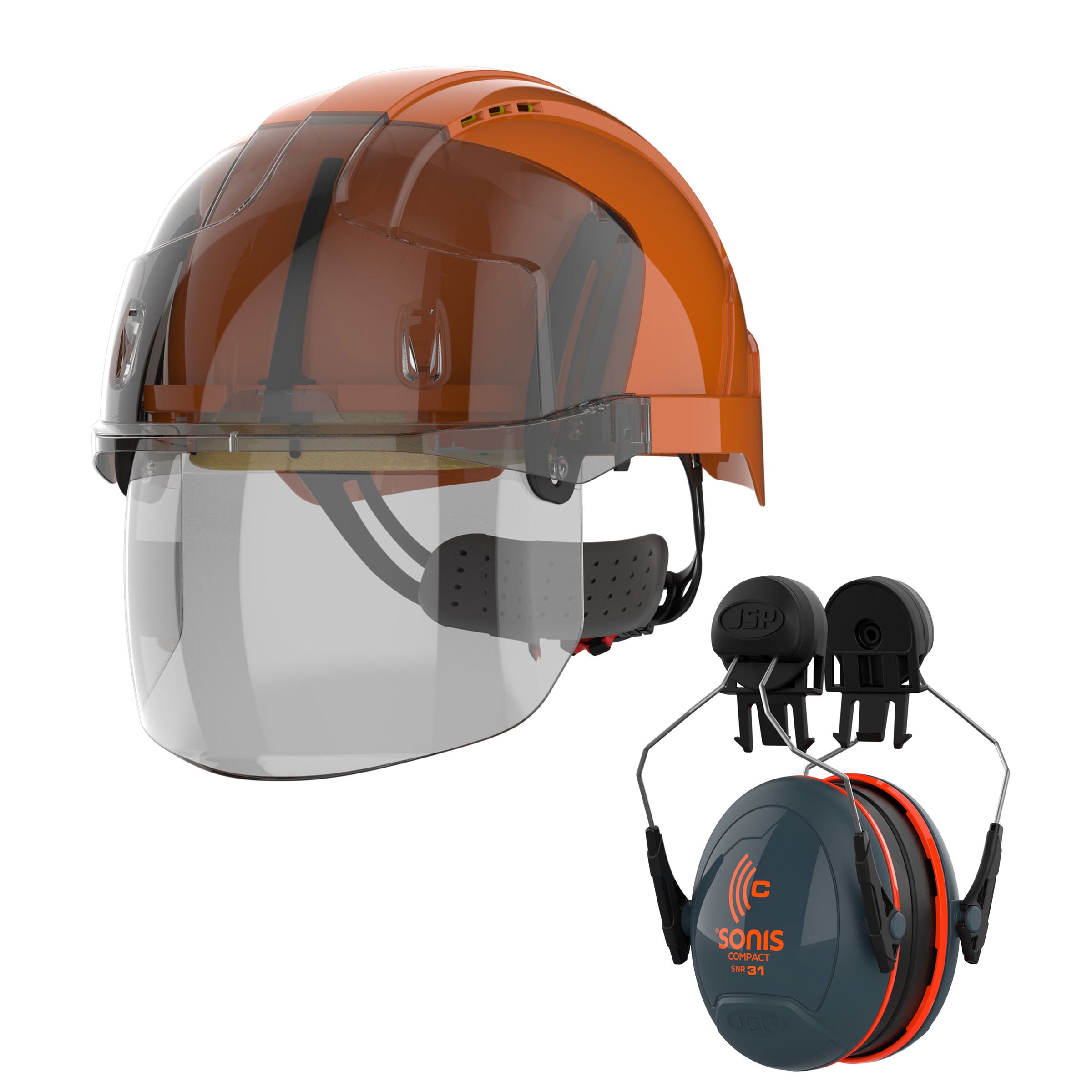 JSP EVO VISTAshield With JSP Sonis Ear Defenders Hard Hat Kit | Orange ...