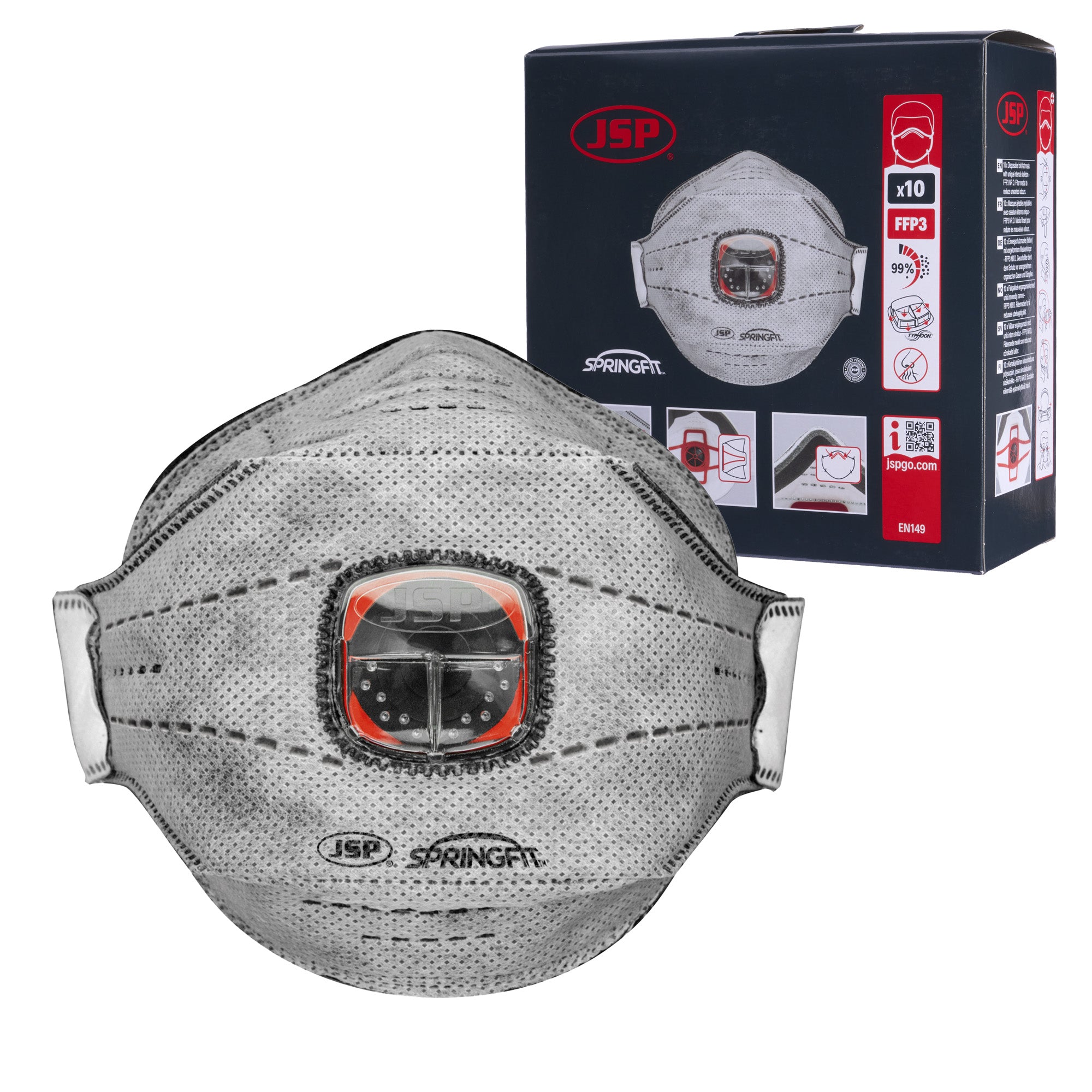 JSP Typhoon Valve Springfit FFP3 WIth Carbon Layer Disposable Face Mask ...
